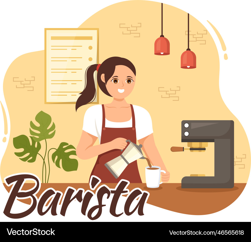 Barista with wearing standing apron making coffee Vector Image
