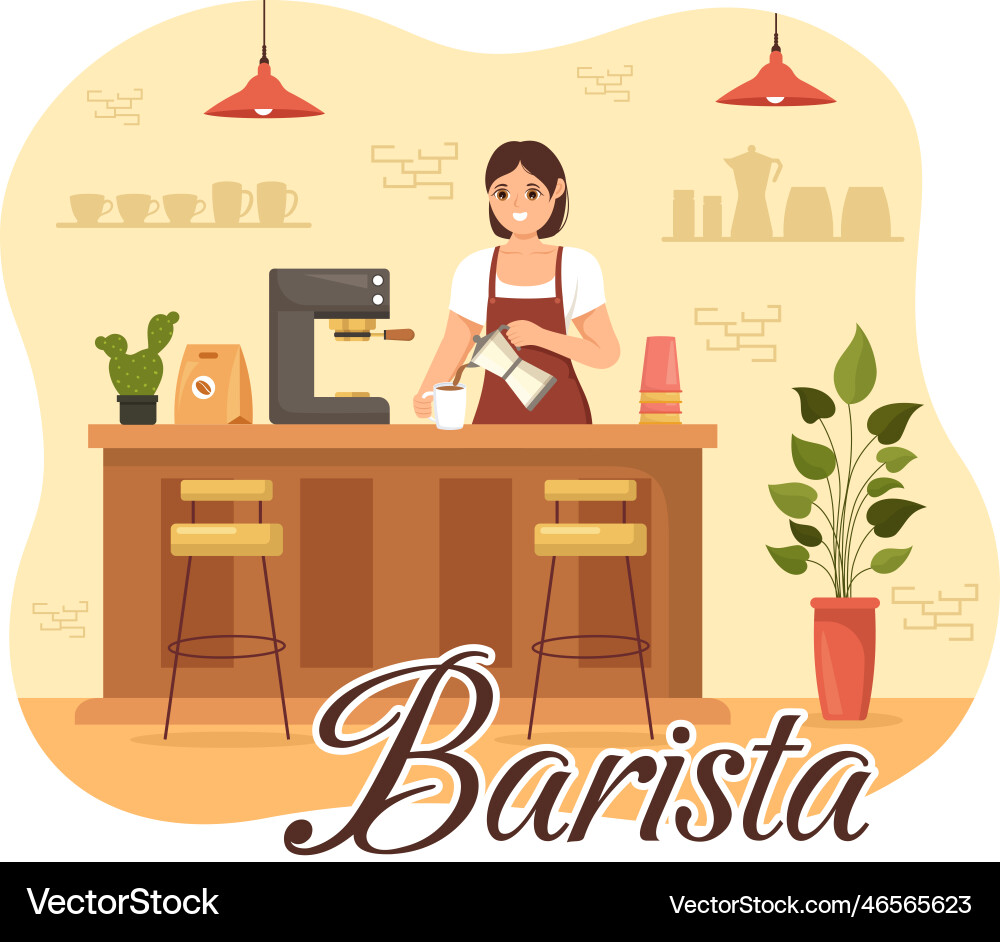 Barista with wearing standing apron making coffee Vector Image