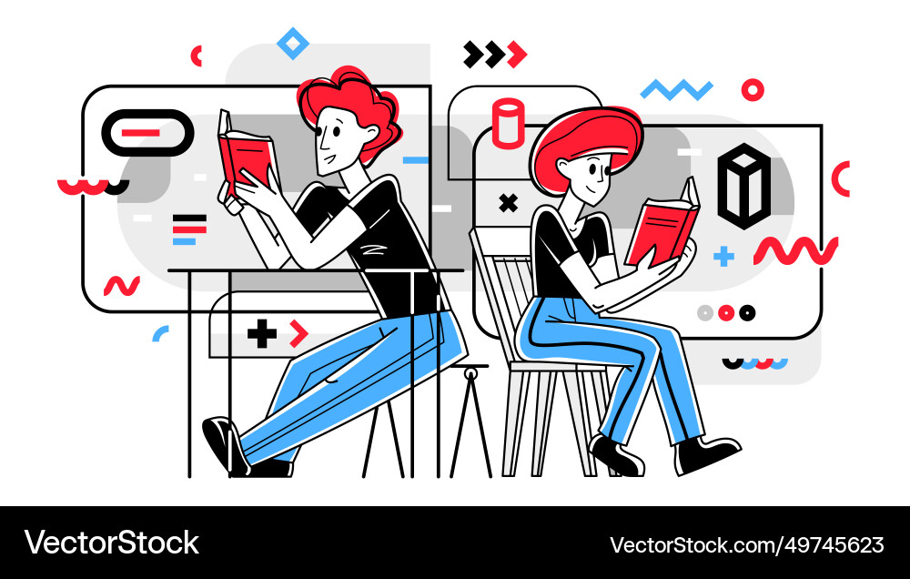 Young people reading books searching Royalty Free Vector