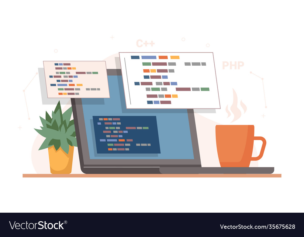 Programming and coding table with laptop and cup Vector Image