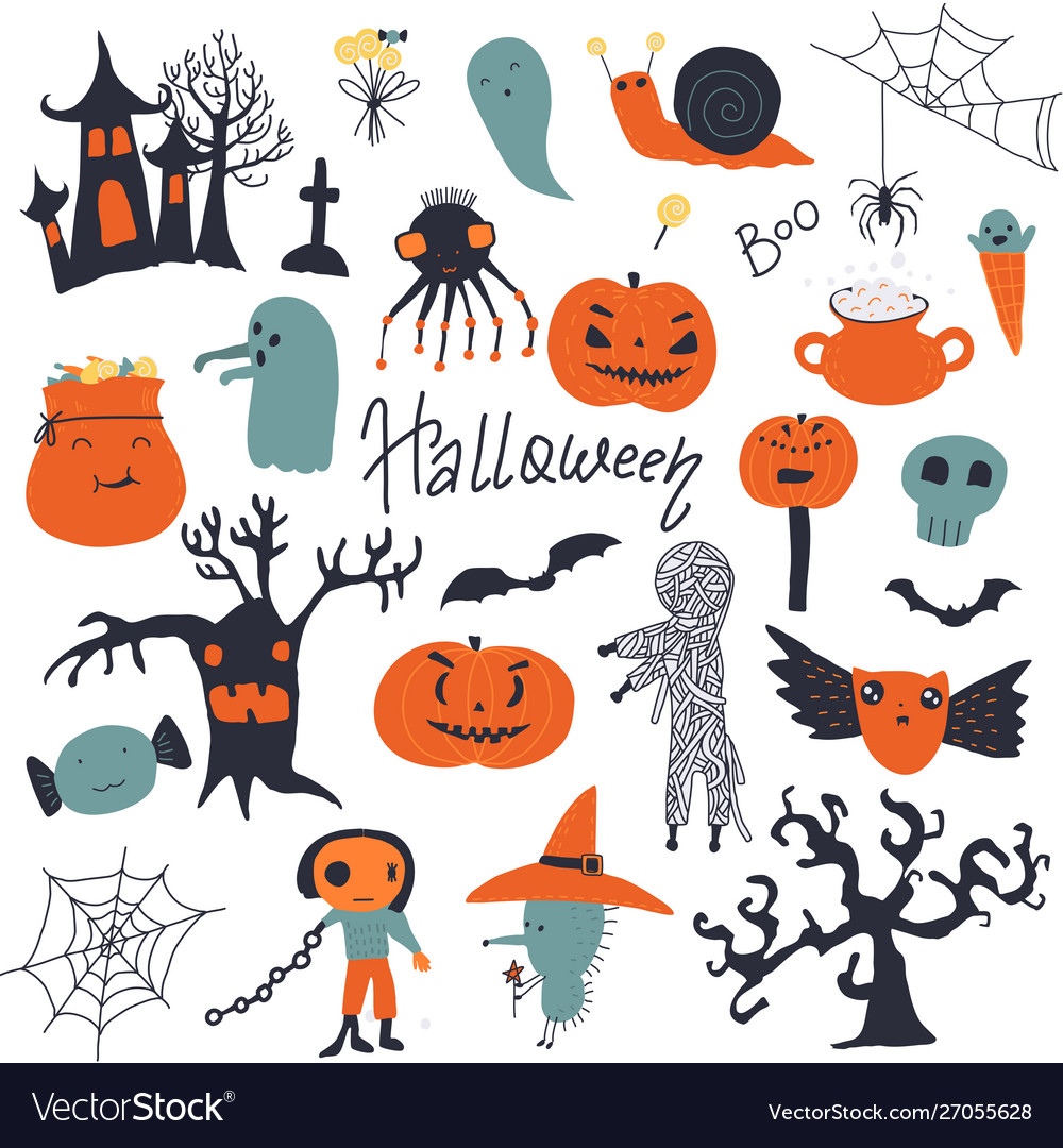 Set Halloween Cute Cartoon Characters Royalty Free Vector