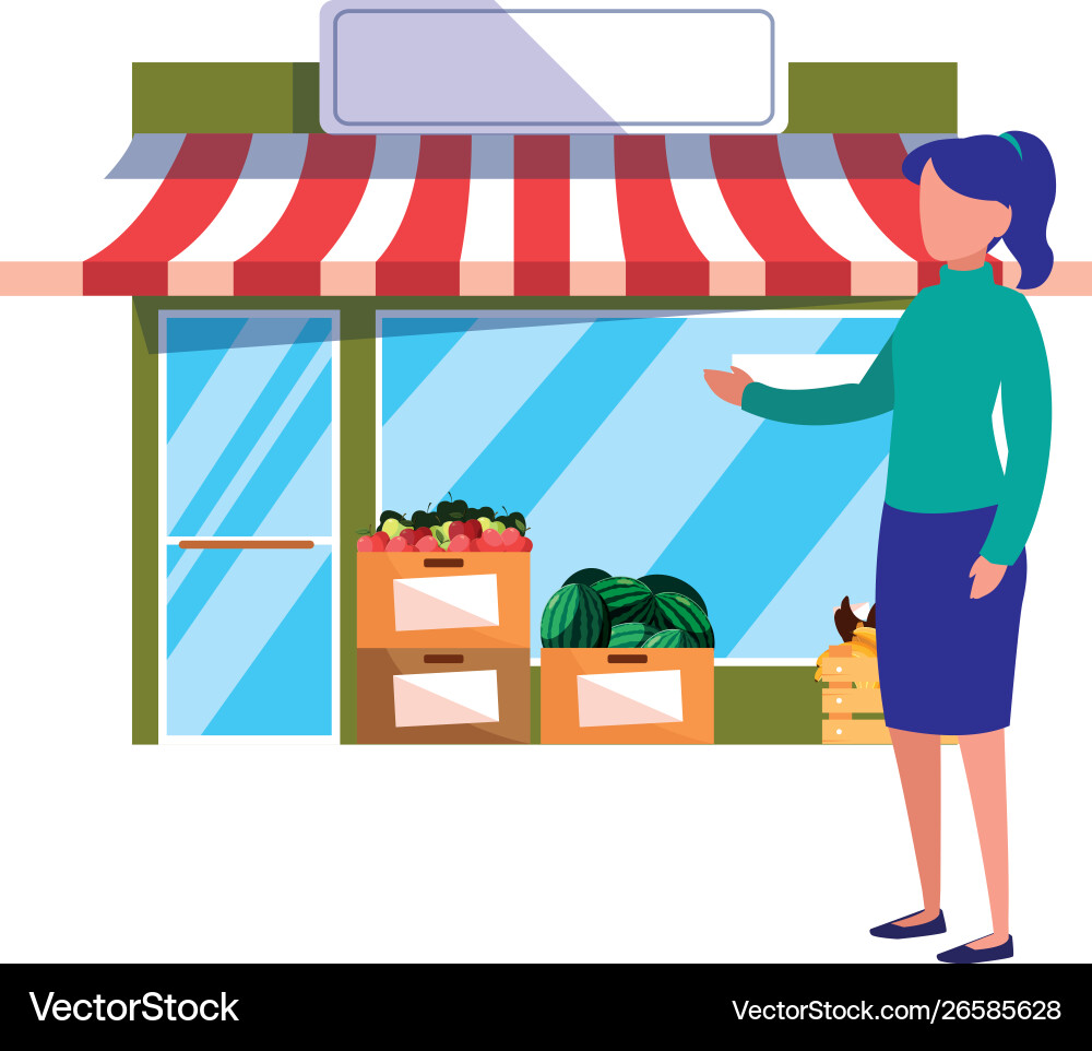 Woman customer standing market front Royalty Free Vector