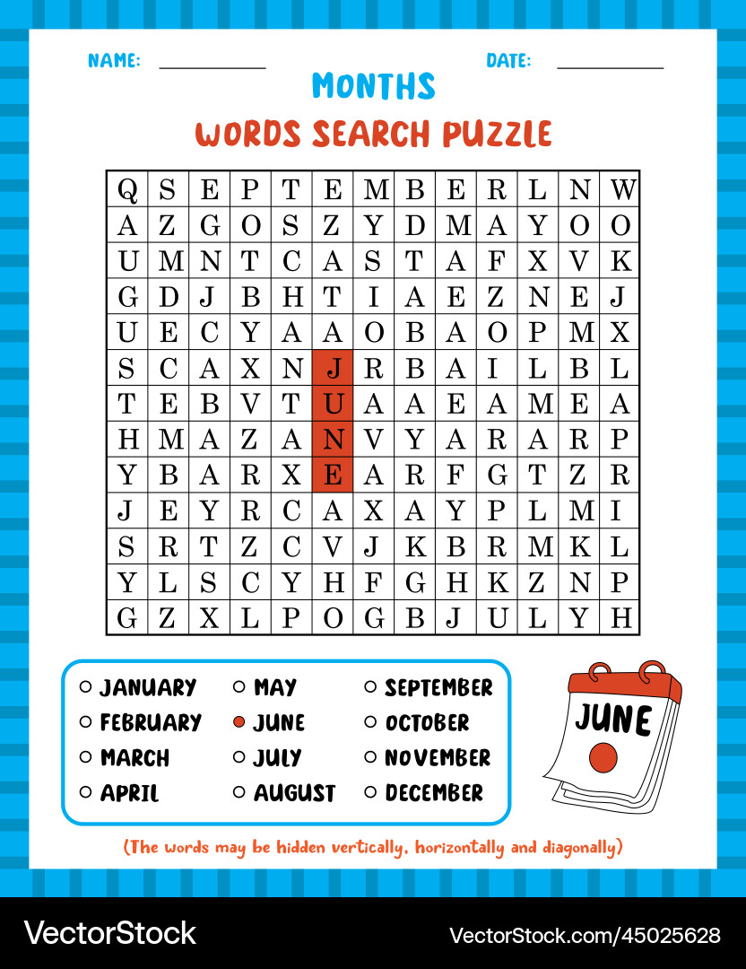 Word search game months search puzzle workshe Vector Image