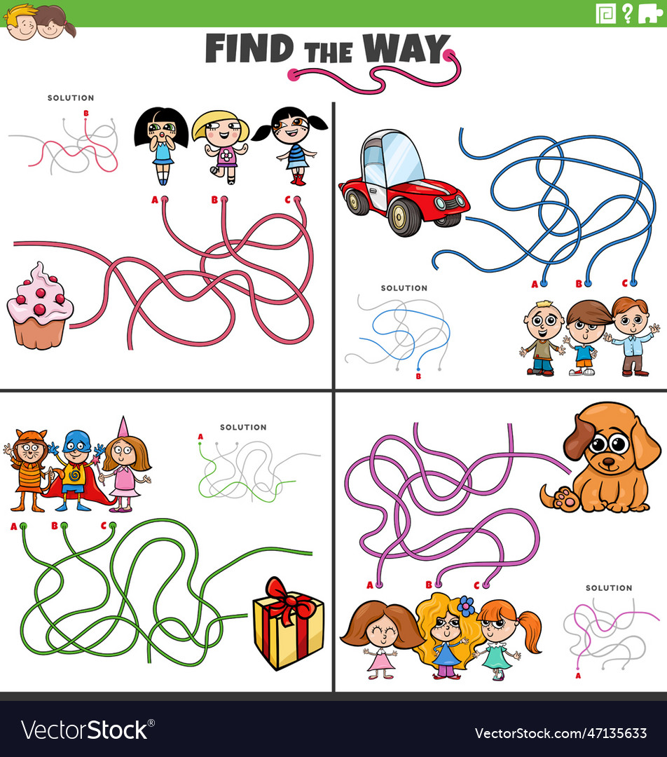 Find the way maze game with funny cartoon Vector Image