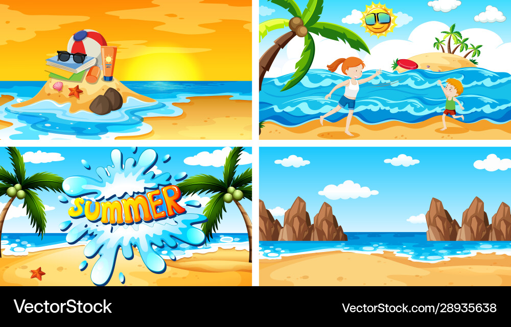 Four background scenes with summer on beach Vector Image