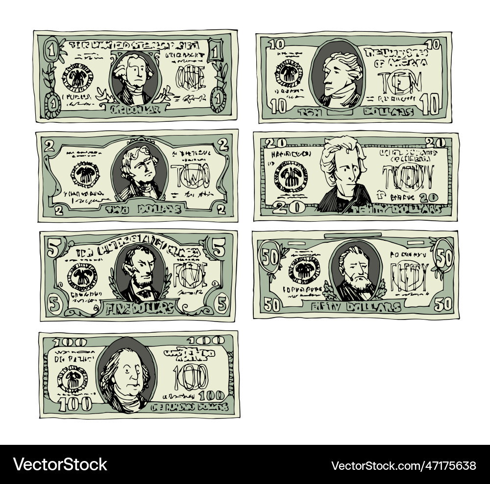 Paper Dollar Set - Doodle Style Royalty Free Vector Image