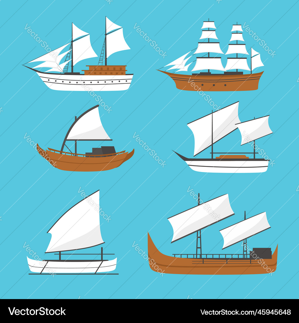 Flat sailing boat ship icon set old wooden Vector Image