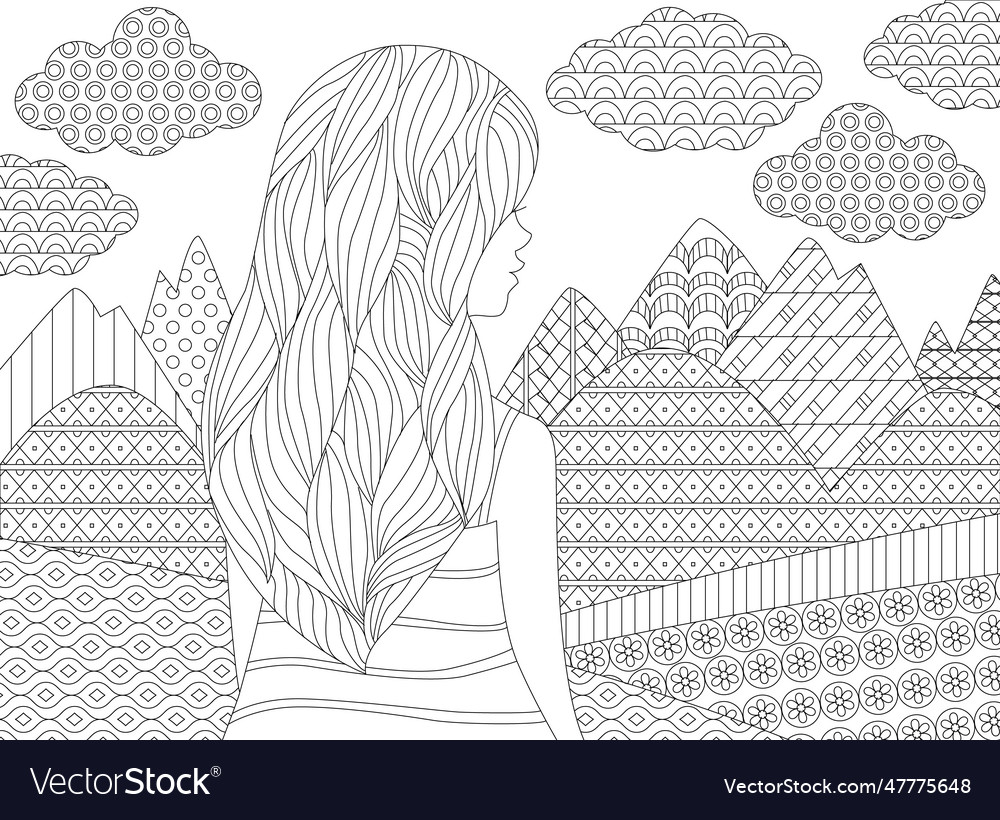 Rear view of cute girl with long wavy hair Vector Image