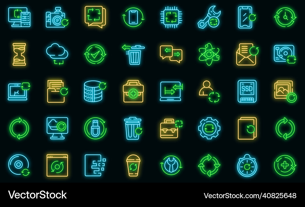Regeneration icons set neon Royalty Free Vector Image