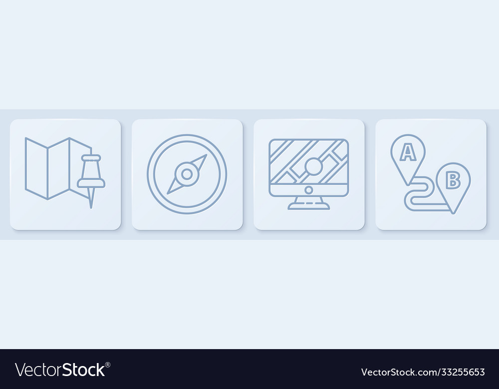Set line folded map with push pin monitor Vector Image