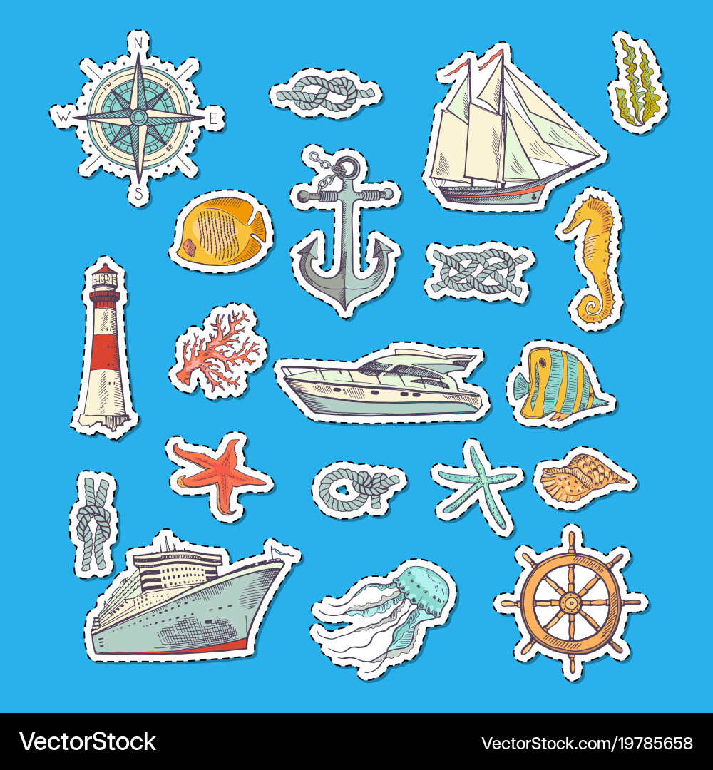 Colorful sketched sea elements stickers Royalty Free Vector