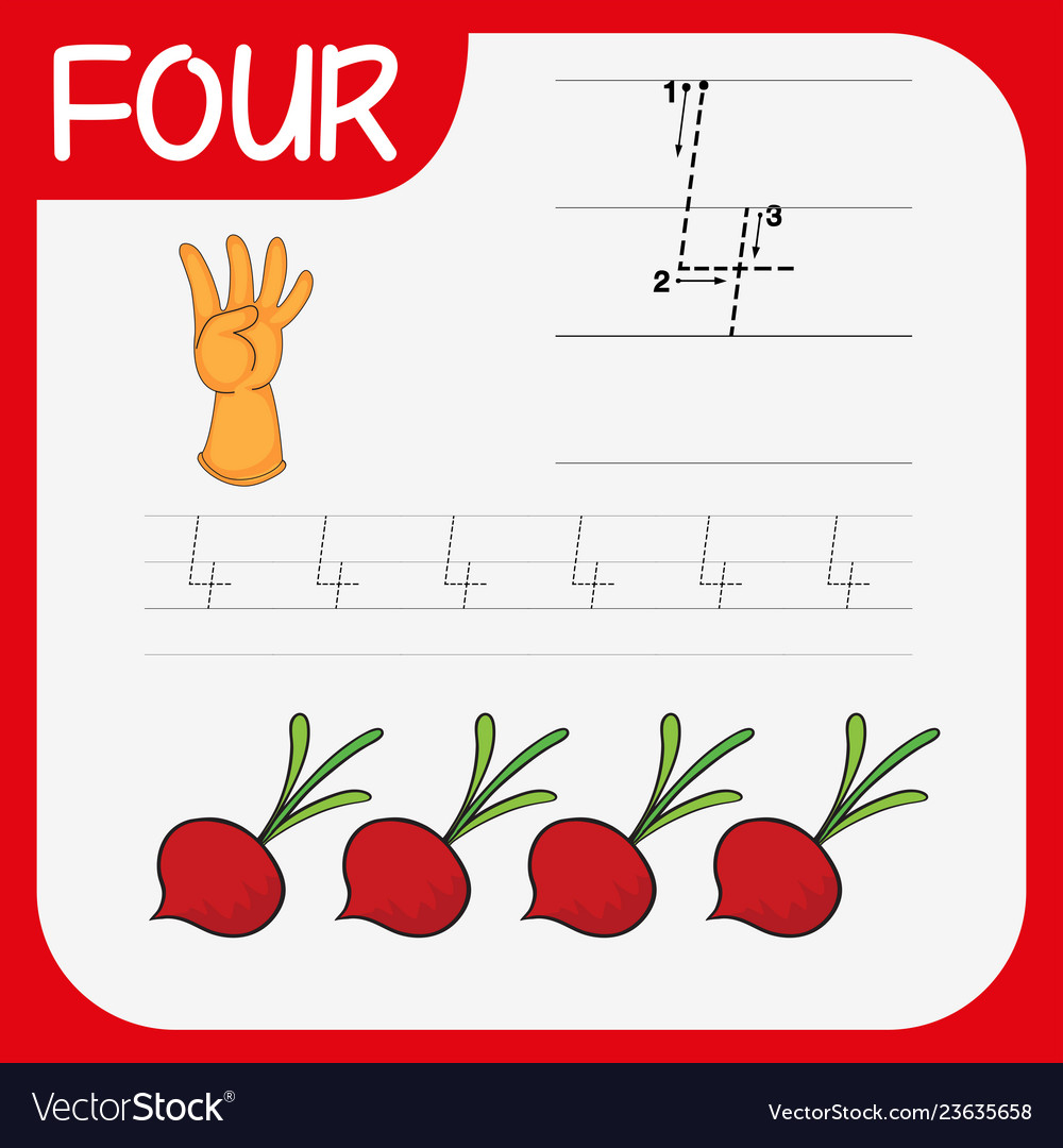 How To Write Number Four Worksheet Royalty Free Vector Image