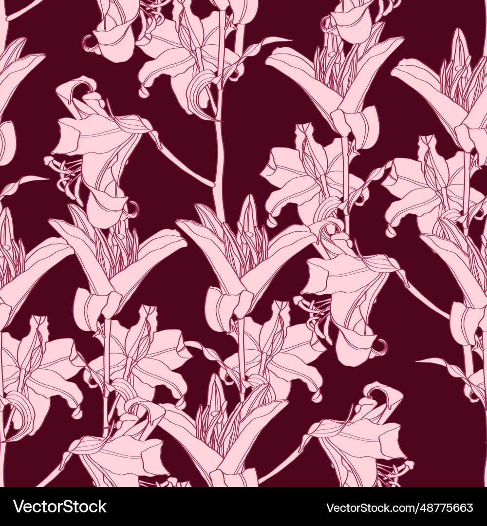 Beautiful outline floral pattern lily flowers Vector Image