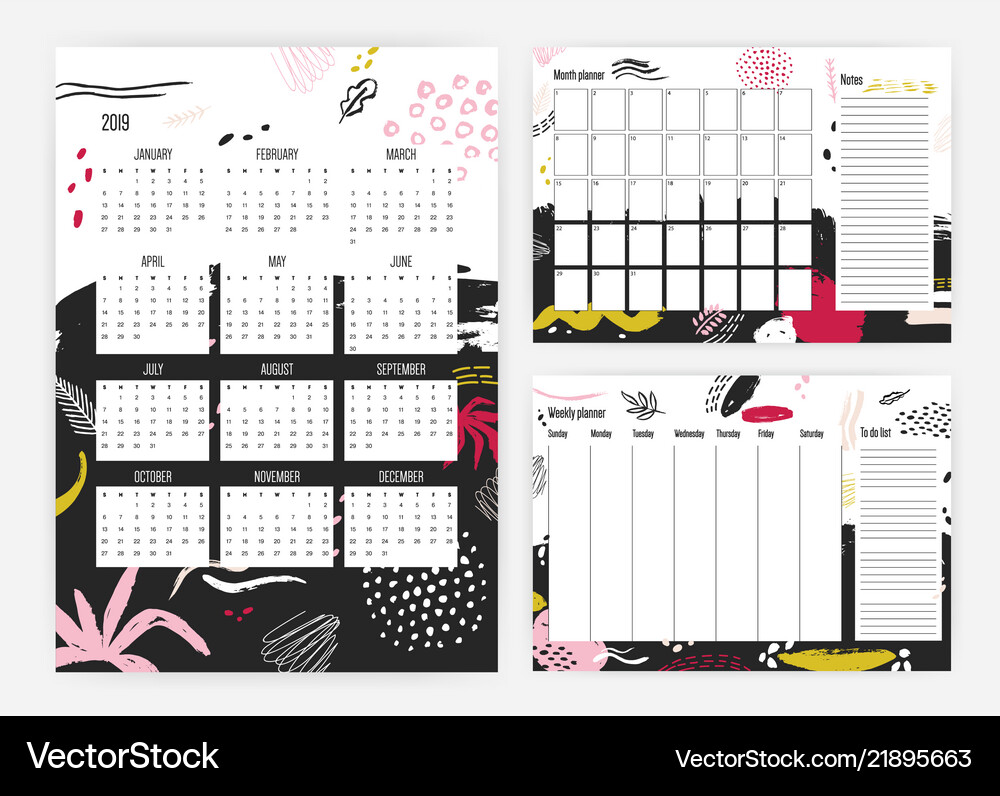 Set 2019 year calendar monthly and weekly Vector Image
