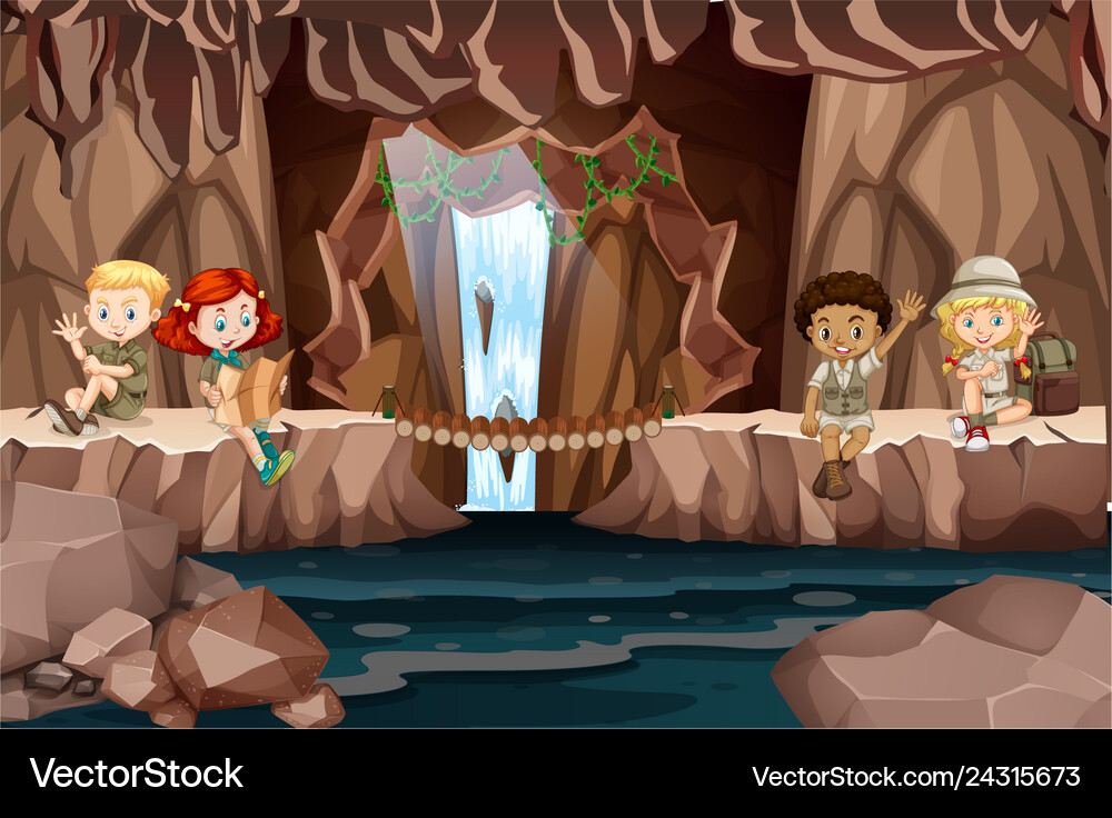 Camping kids in the cave Royalty Free Vector Image