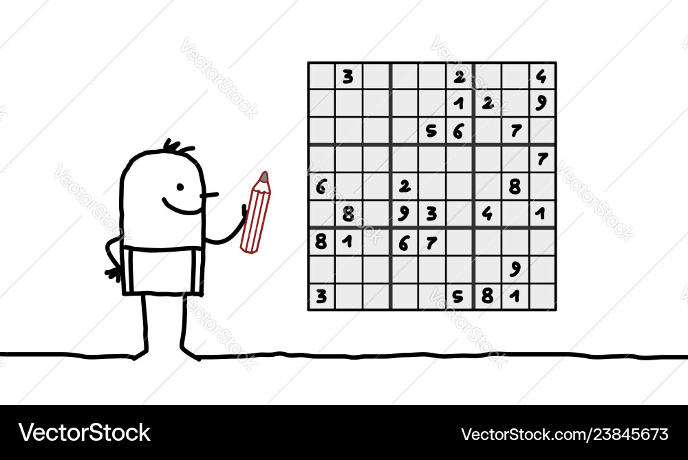Cartoon man playing sudoku Royalty Free Vector Image