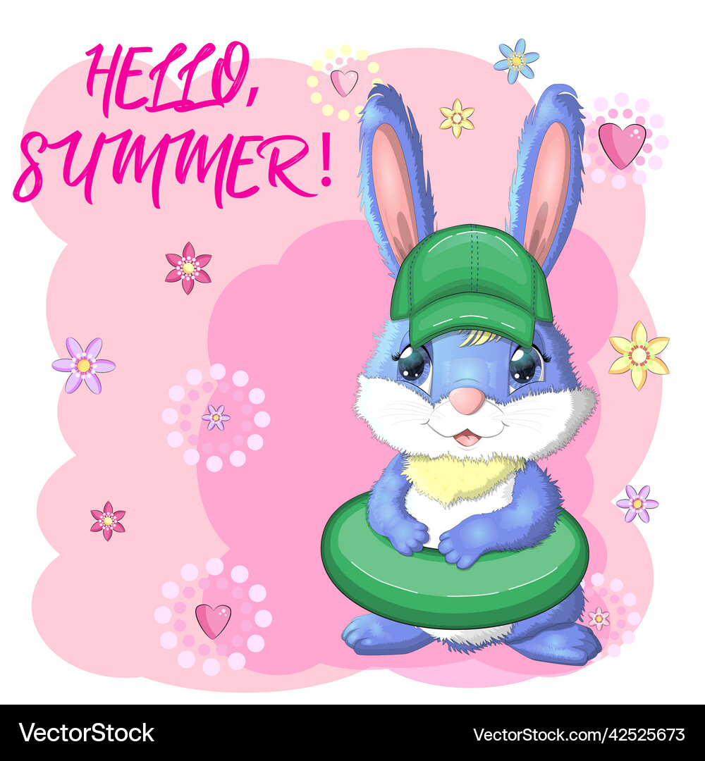 Cute rabbit hare in a summer hat and swim ring Vector Image