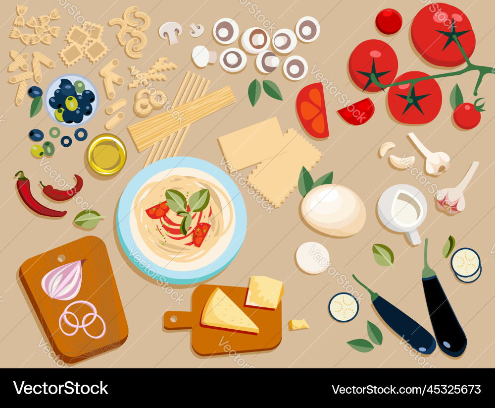 Flat pasta ingredients set entire and cut Vector Image