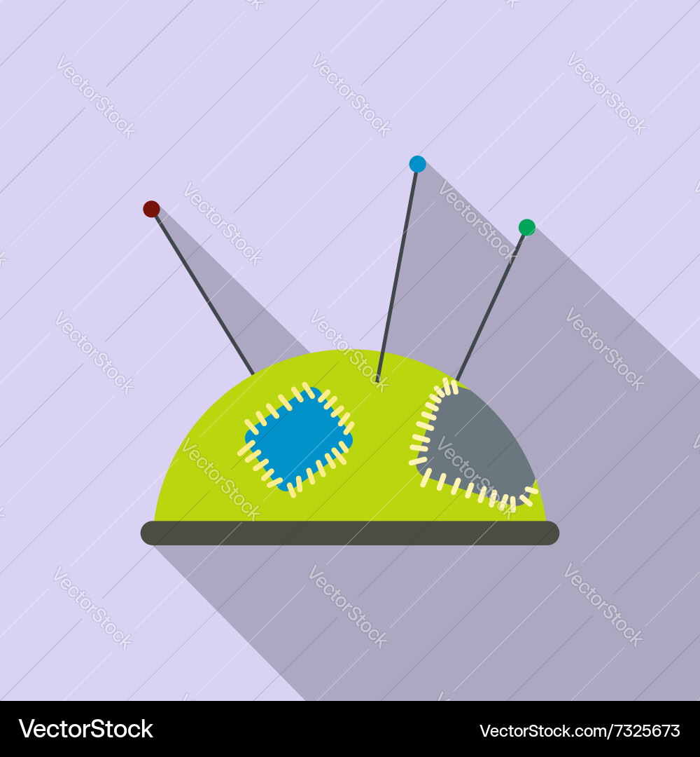 Green pincushion with pins flat icon Royalty Free Vector