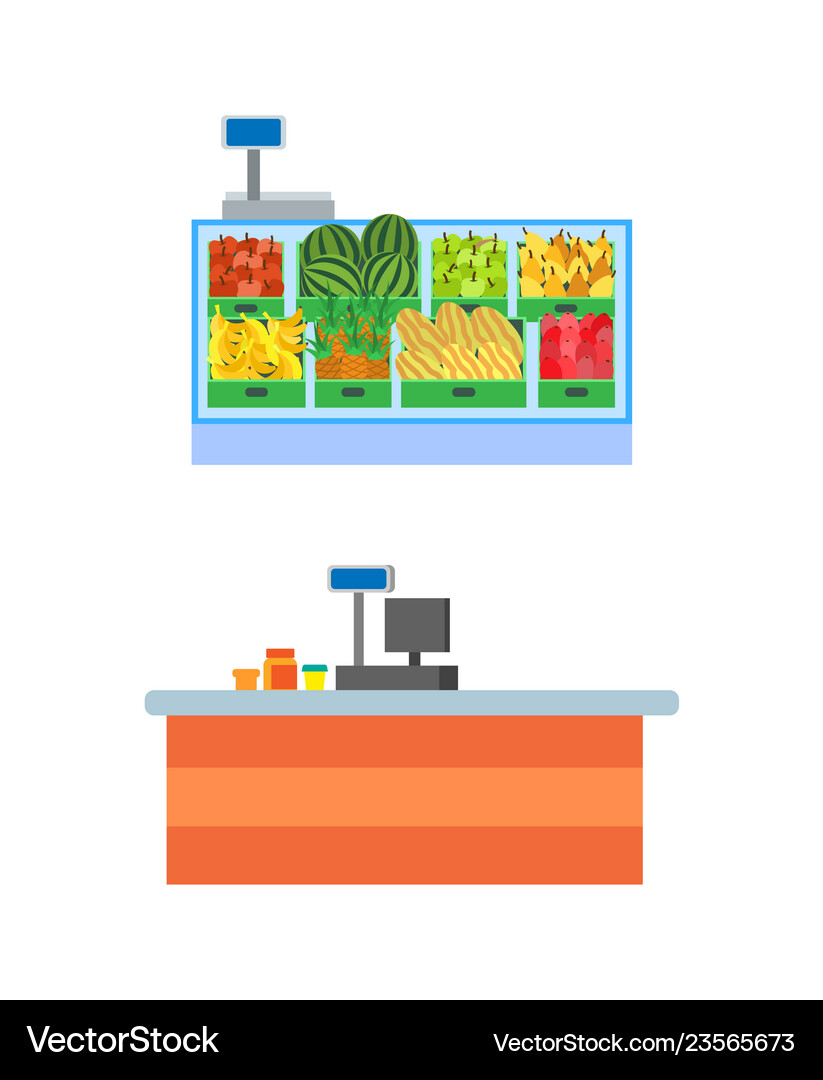 Supermarket empty seller counters and desks Vector Image