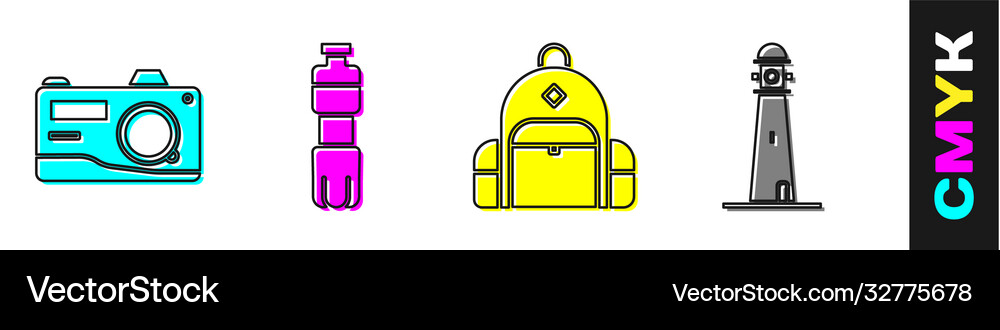 Set photo camera bottle water hiking backpack Vector Image
