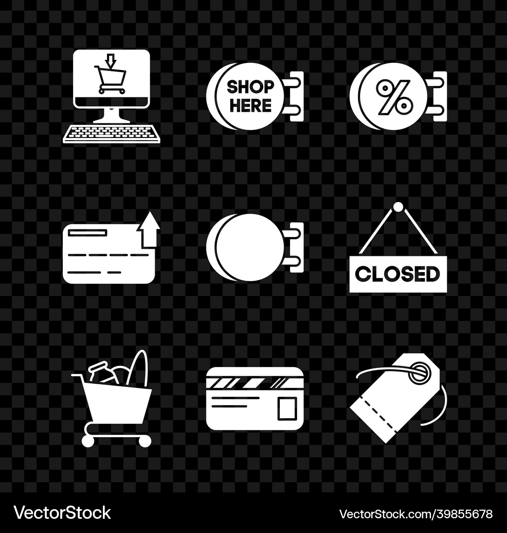Set shopping cart on screen computer signboard Vector Image