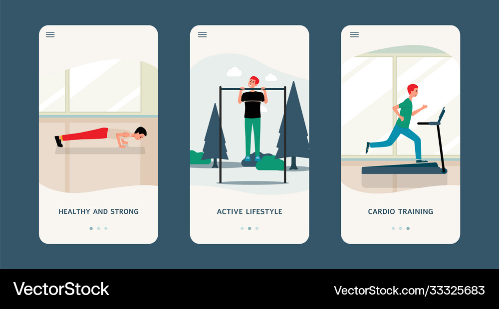 Mobile sport app interface set with cartoon people