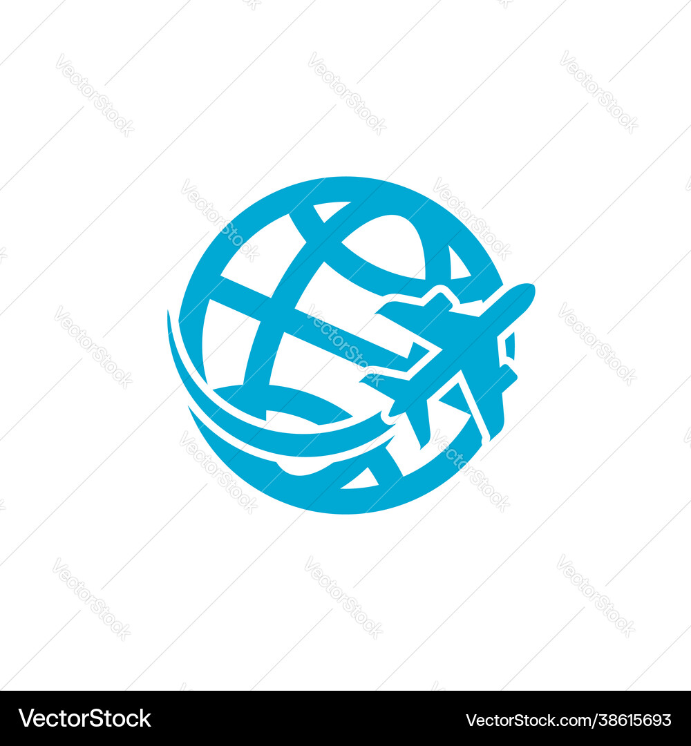 Airplane around globe blue emblem global Vector Image