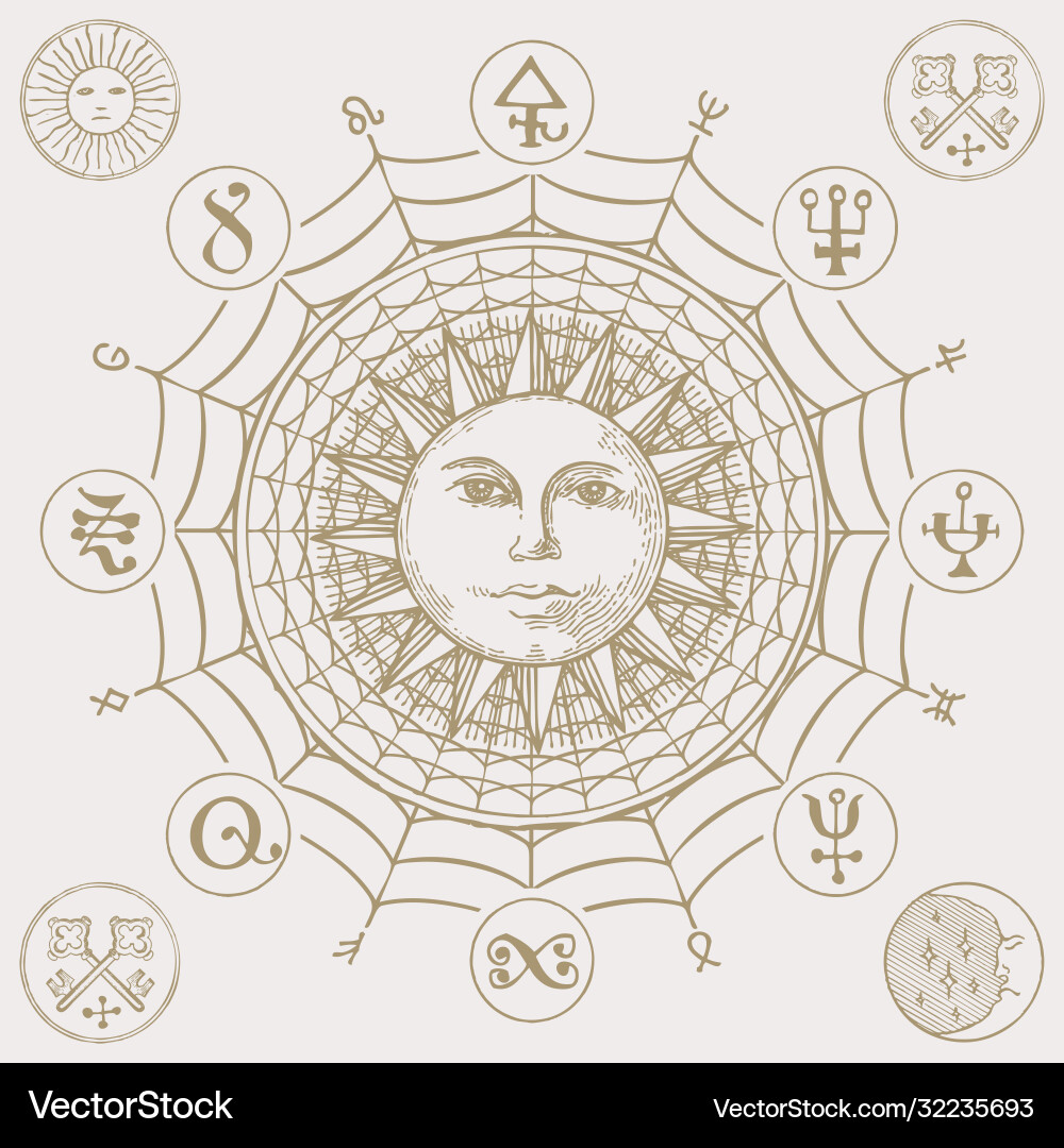 Hand-drawn banner with sun and magic symbols Vector Image