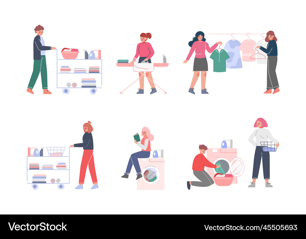 People characters in laundry service with washing Vector Image