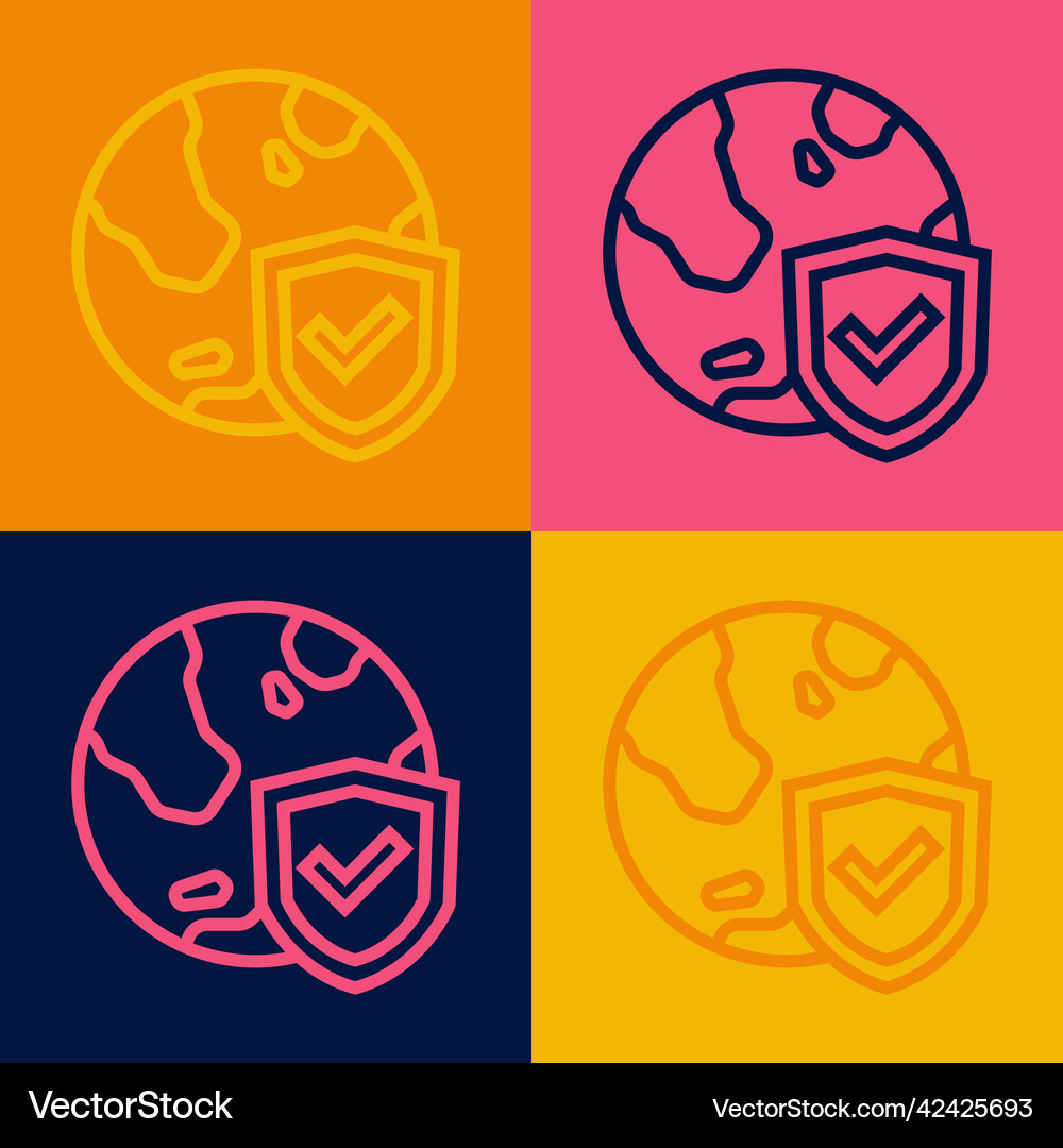 Pop art line shield with world globe icon isolated