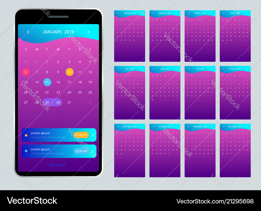 Calendar 2019 for phone for 2019 Royalty Free Vector Image