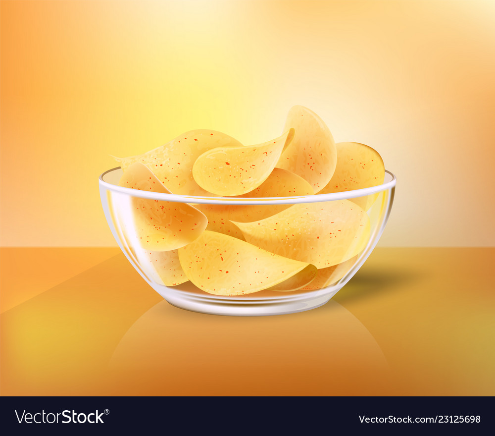 Crispy chips in glass bowl as salty snack to beer Vector Image