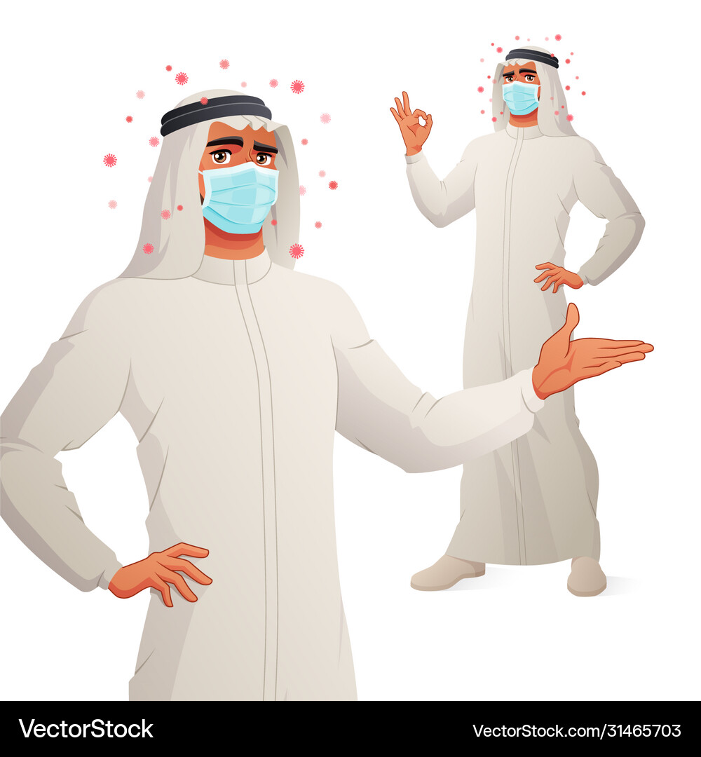 Arab man in mask presenting and showing ok Vector Image