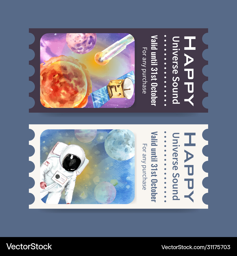 Galaxy ticket design with astronaut sun neptune Vector Image