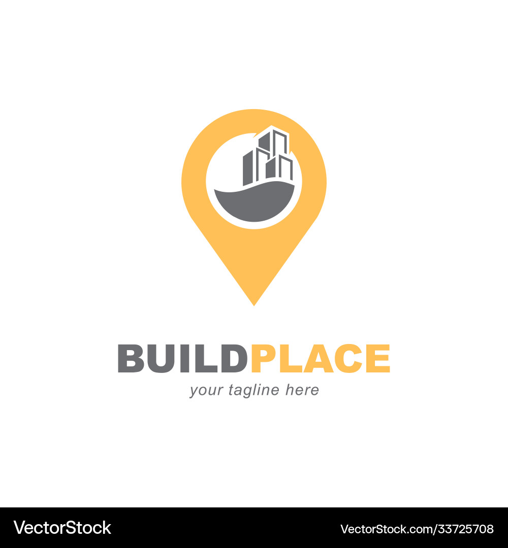 Building with pinpoint location symbol logo design