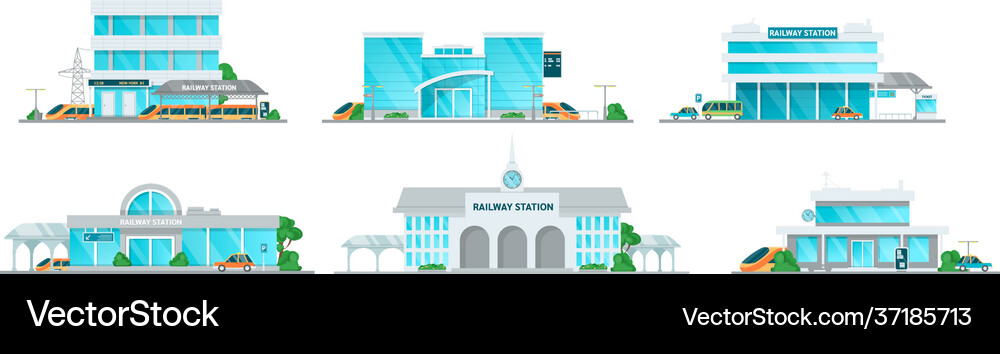 Railway station building cartoon set Royalty Free Vector