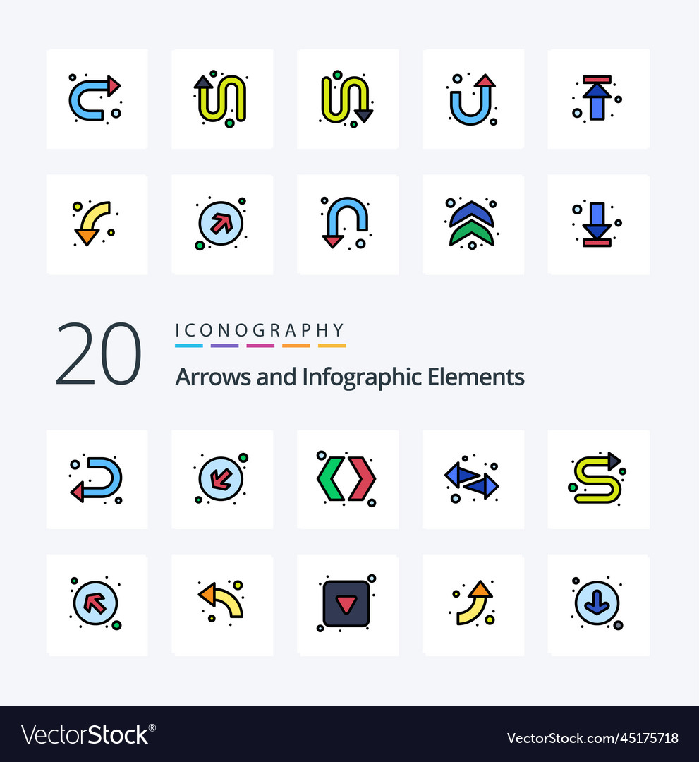 20 Arrow Line Filled Color Icon Pack Like U Turn Vector Image