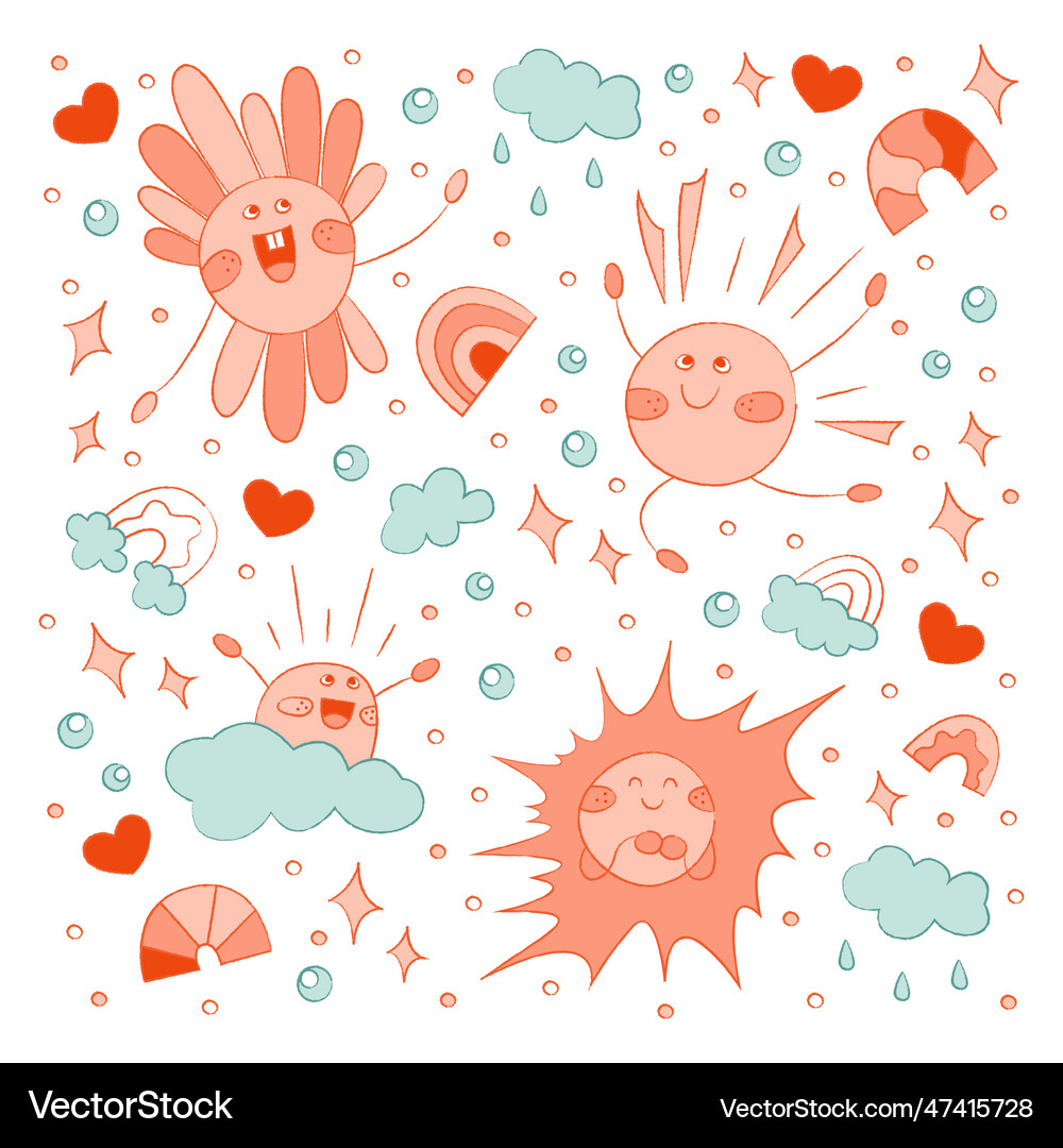A set with cute sun characters as well as clouds Vector Image