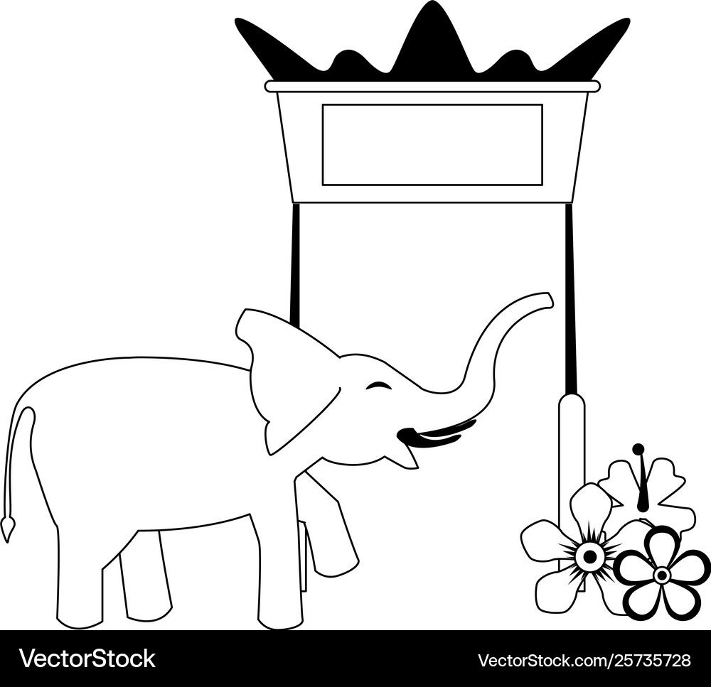 Red gate elephant and blossom in black white Vector Image