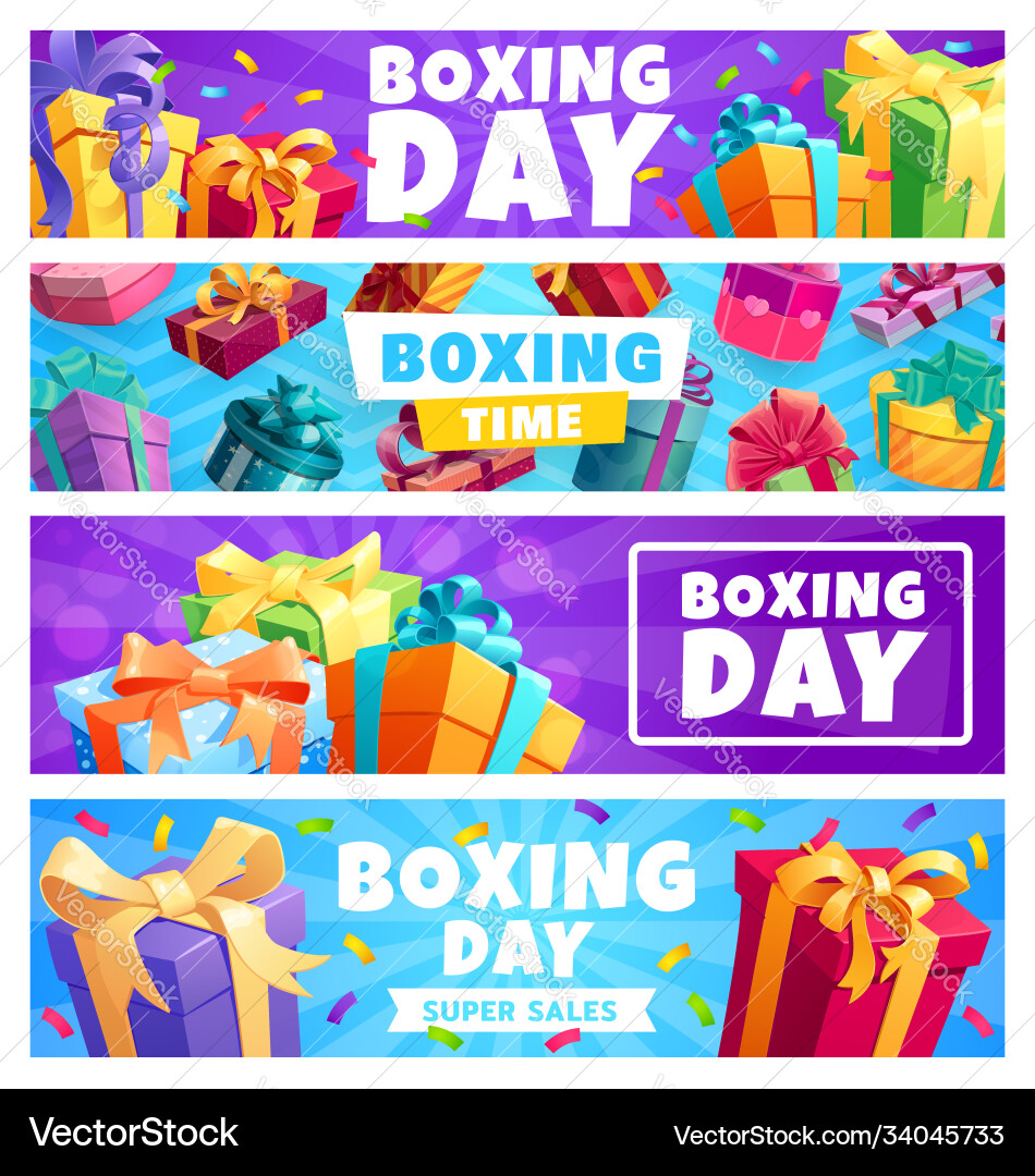 Boxing day presents gift boxes with ribbon banners