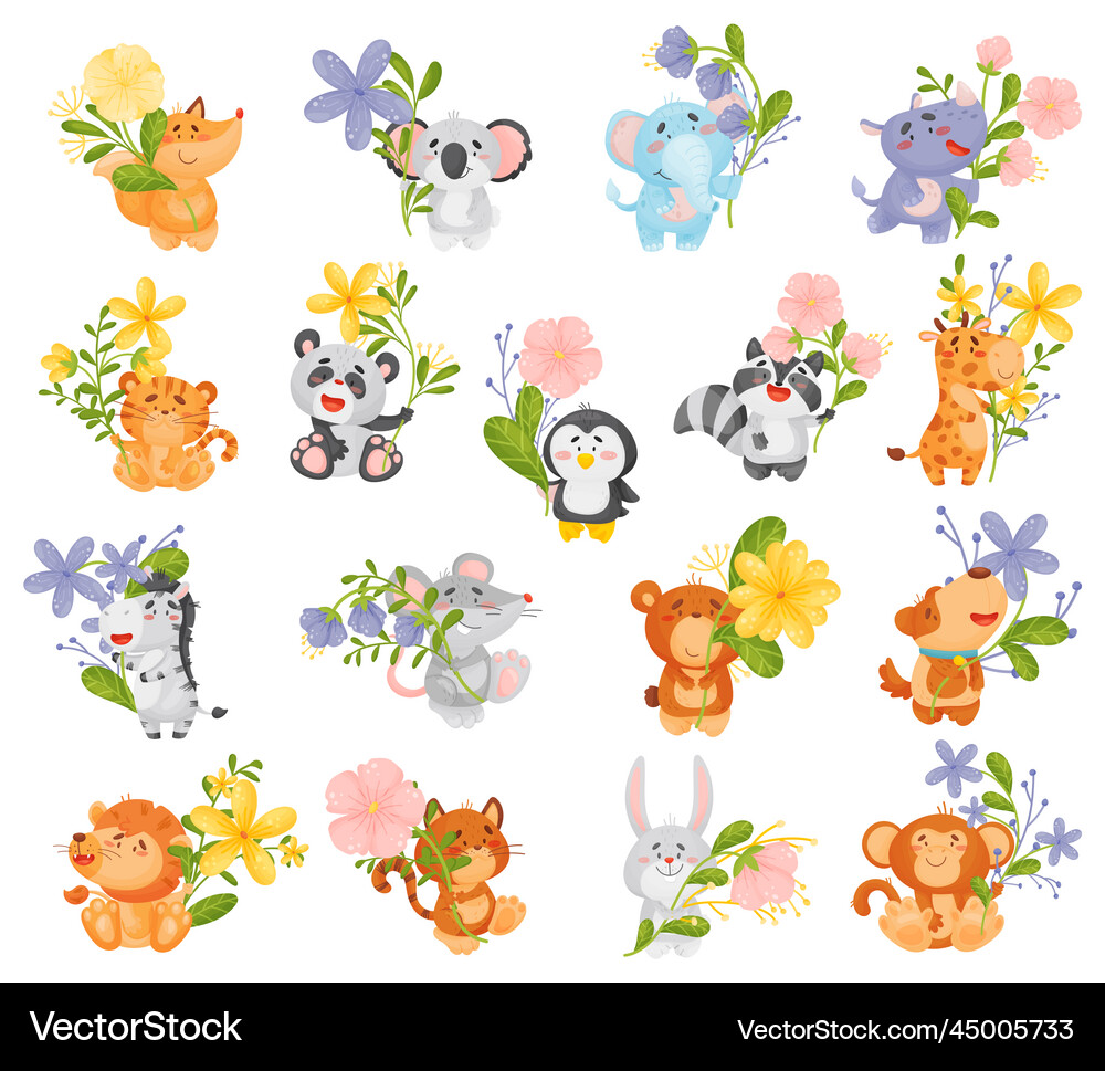 Cute animals holding flower on stalk Royalty Free Vector
