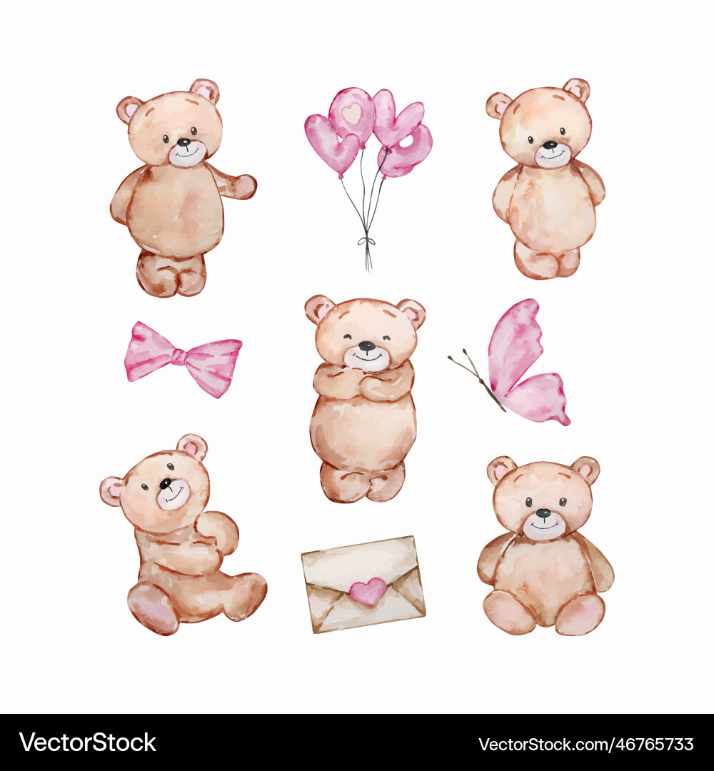 Watercolor cute teddy bears valentines day Vector Image