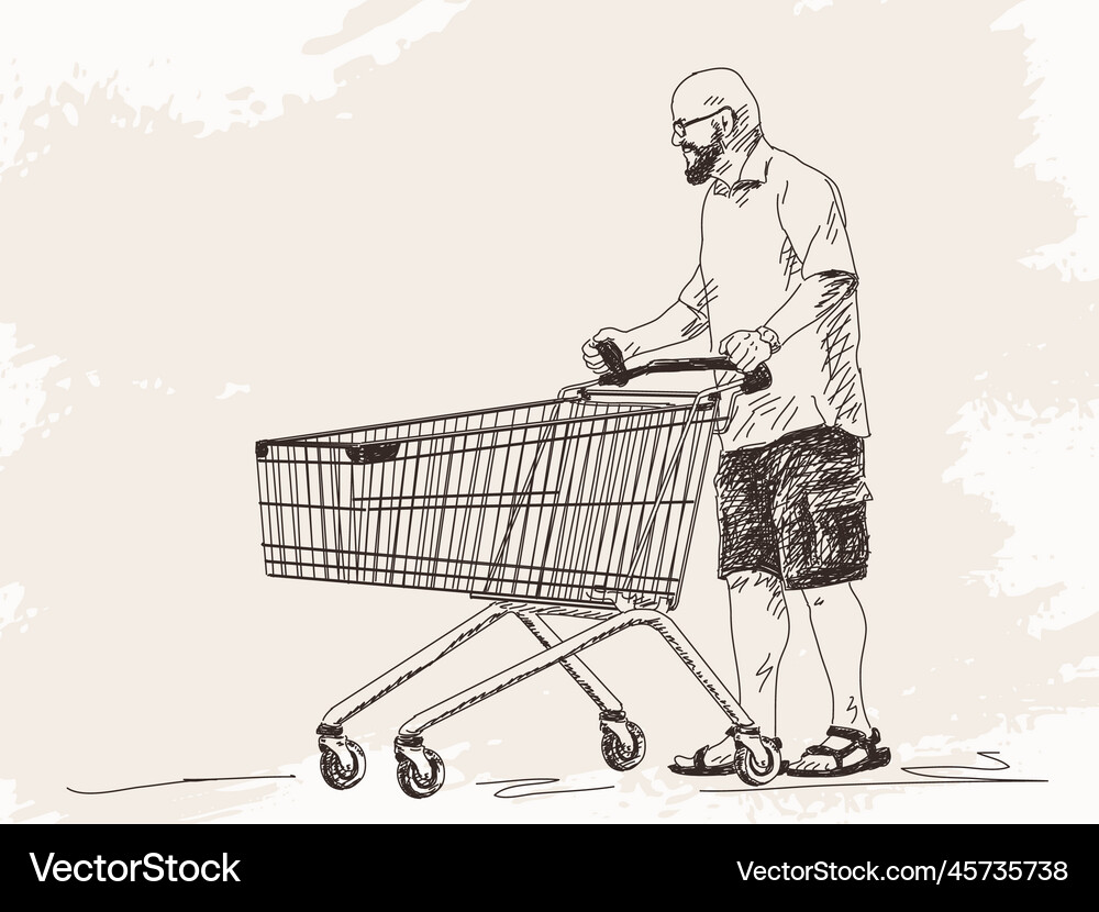 Man with shopping trolley sketch Royalty Free Vector Image