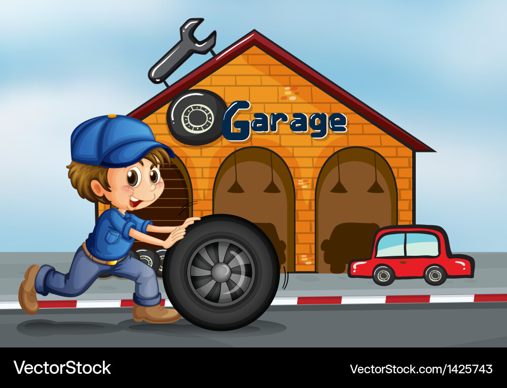 A young man pushing tire in front the Royalty Free Vector