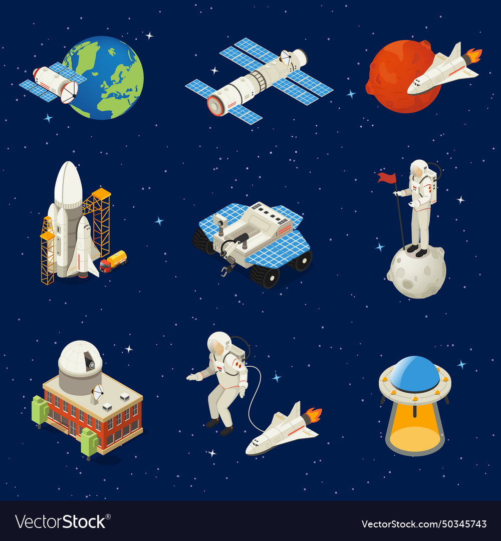 Isometric space elements set Royalty Free Vector Image