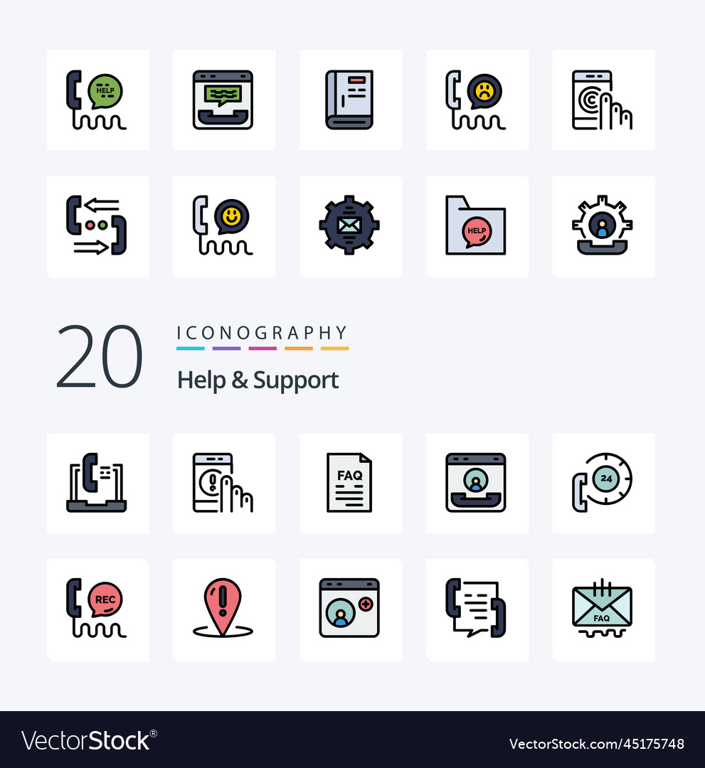 20 help and support line filled color icon pack Vector Image