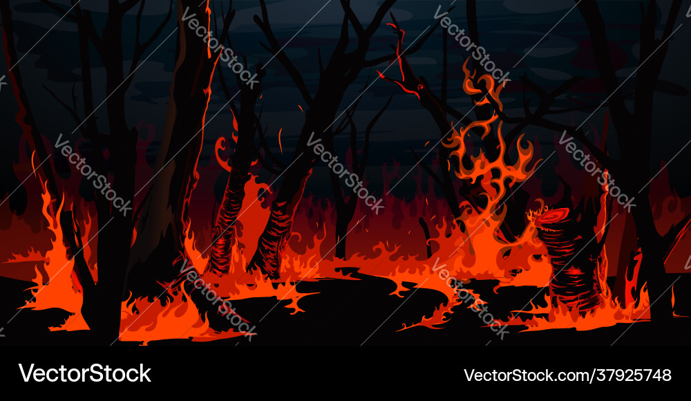 Forest fire burning trees at night wood wildfire Vector Image