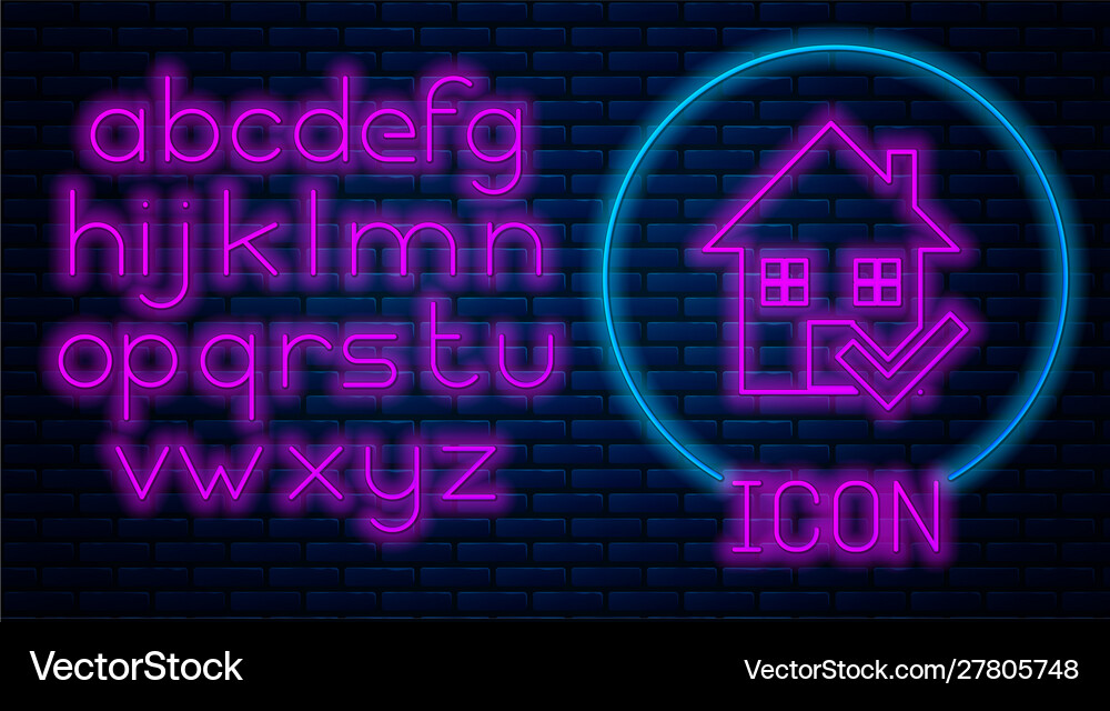 Glowing neon house with check mark icon isolated Vector Image