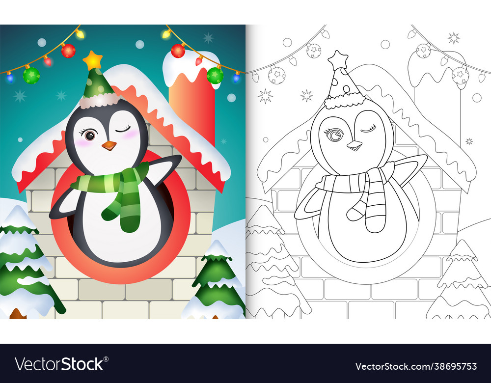 Coloring book with a cute penguin christmas Vector Image